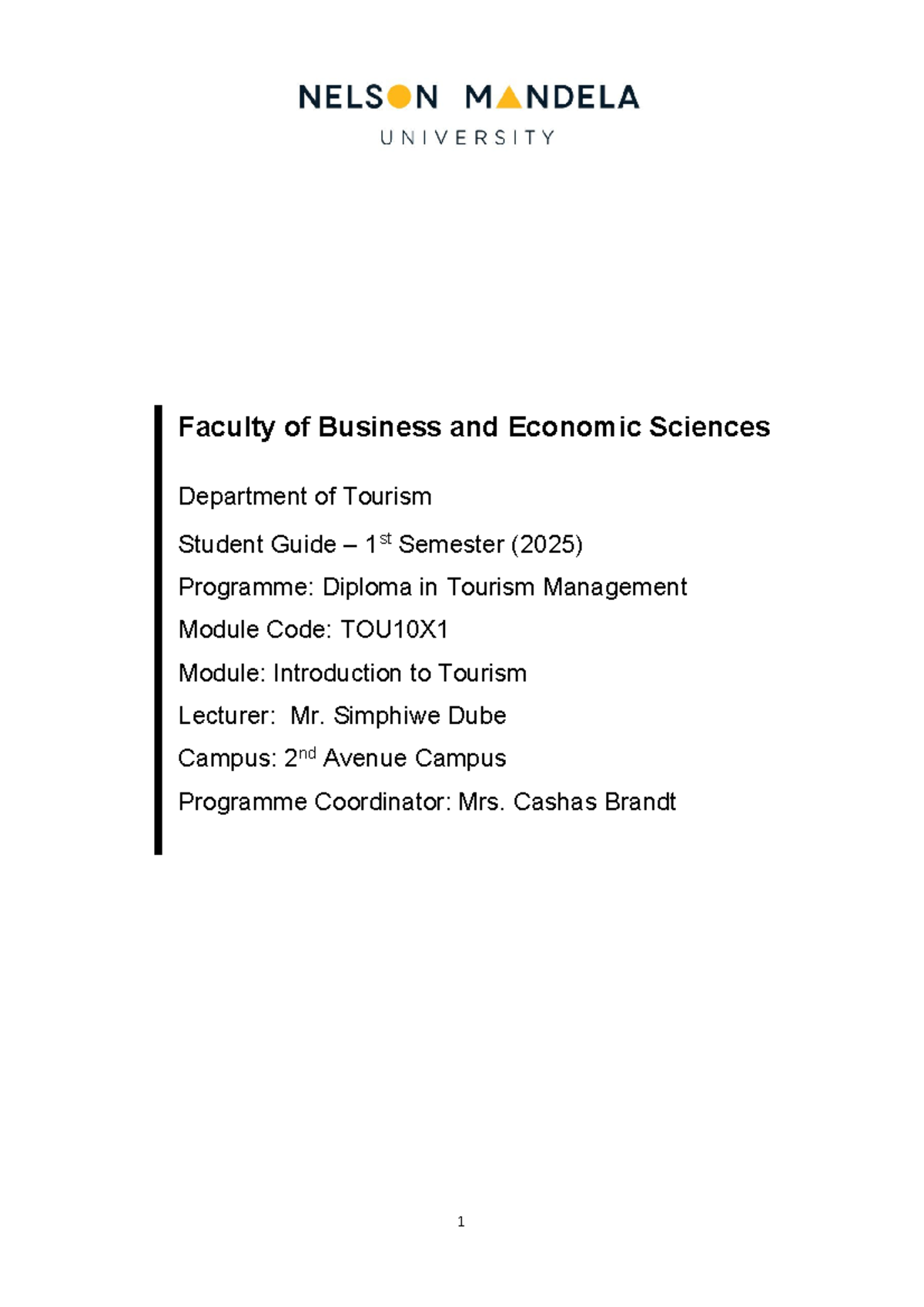 TOU10X Module Study Guide: Introduction to Tourism - 2025 Semester 1 ...