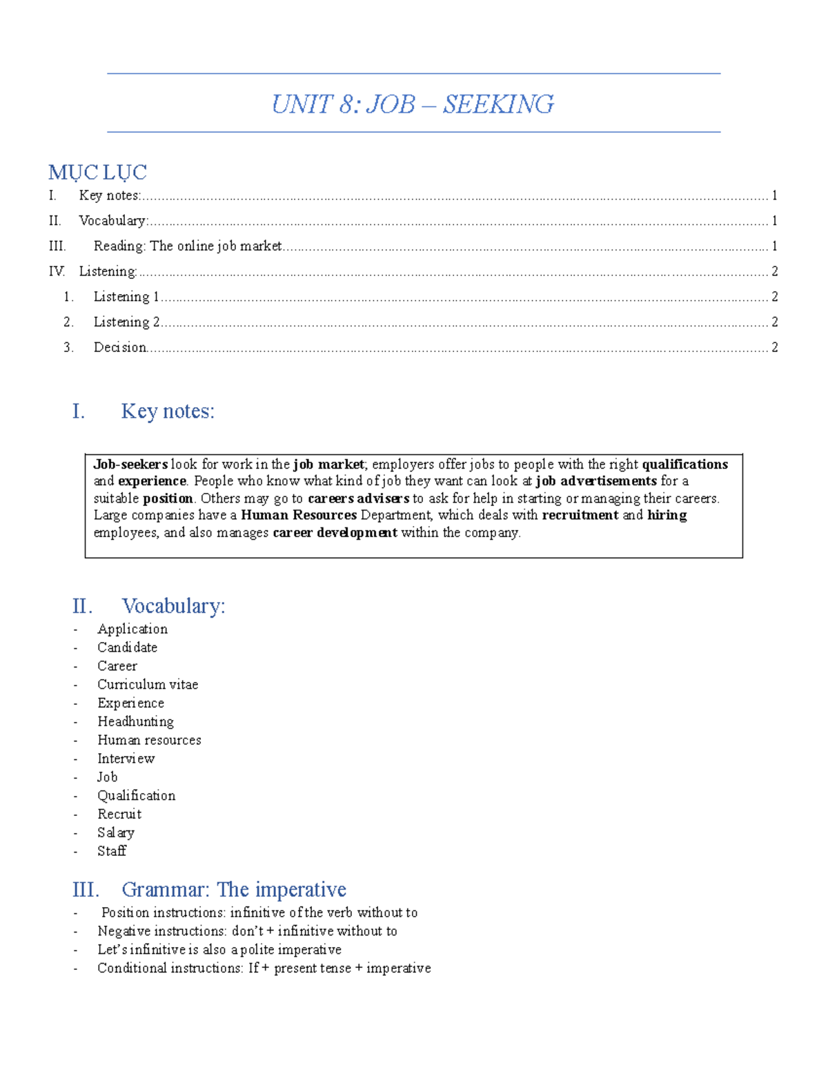 UNIT 8: Job Seeking - Vocabulary and Key Notes - Tiếng Anh - Studocu