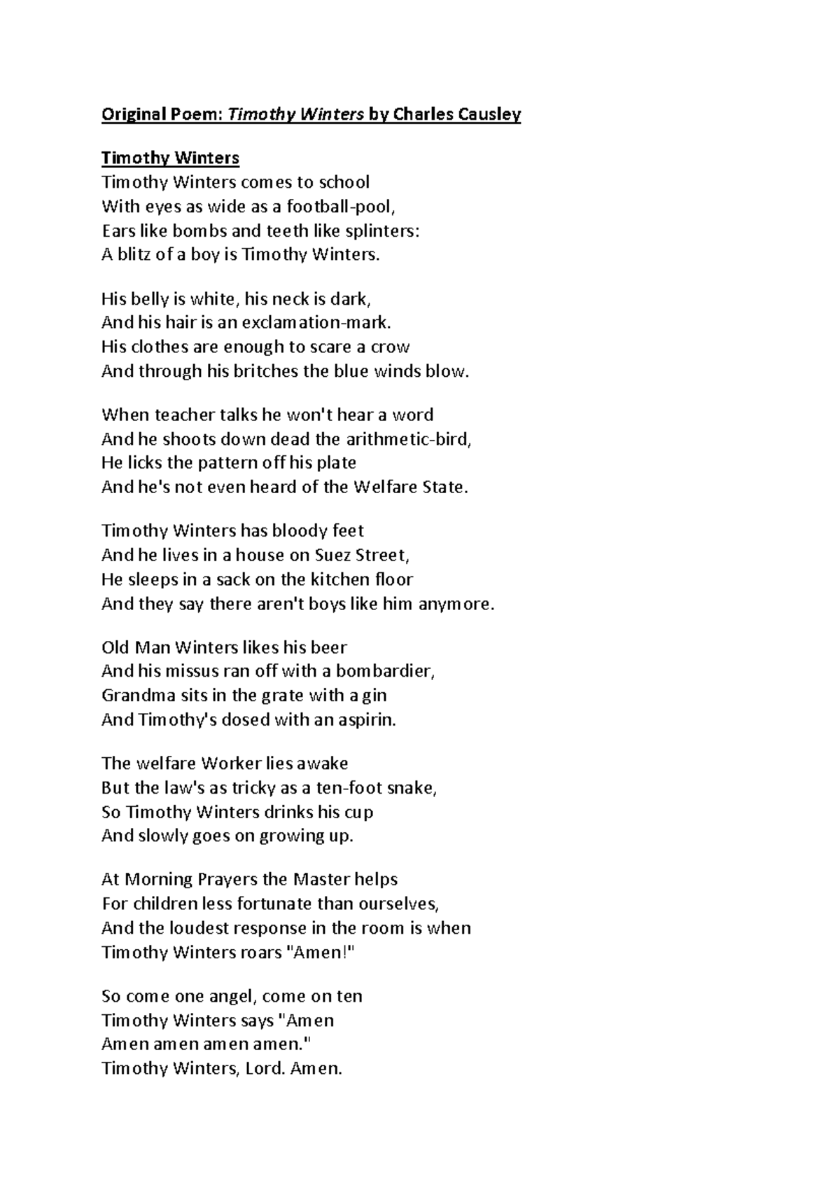 Timothy Winters: Poem Analysis & Worksheet for Grade 8 Students - Studocu