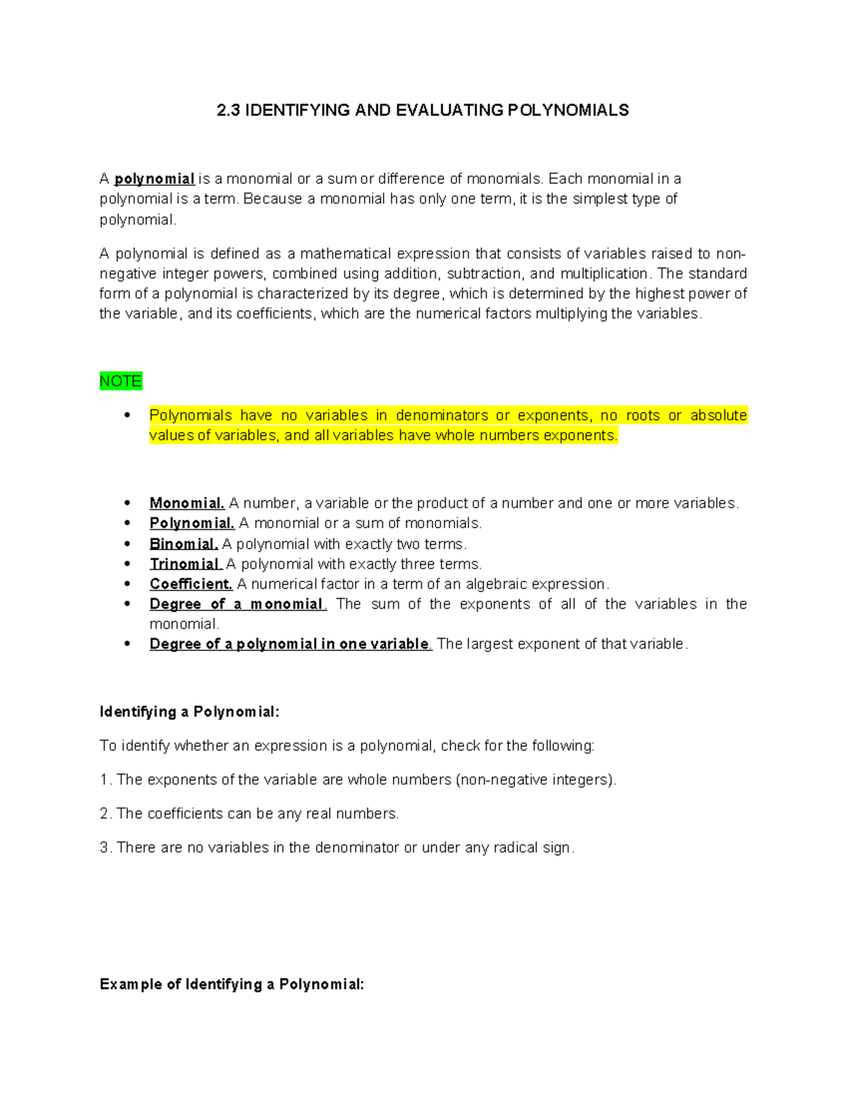 24 Identifying And Evaluating Polynomials 2 Identifying And 3481