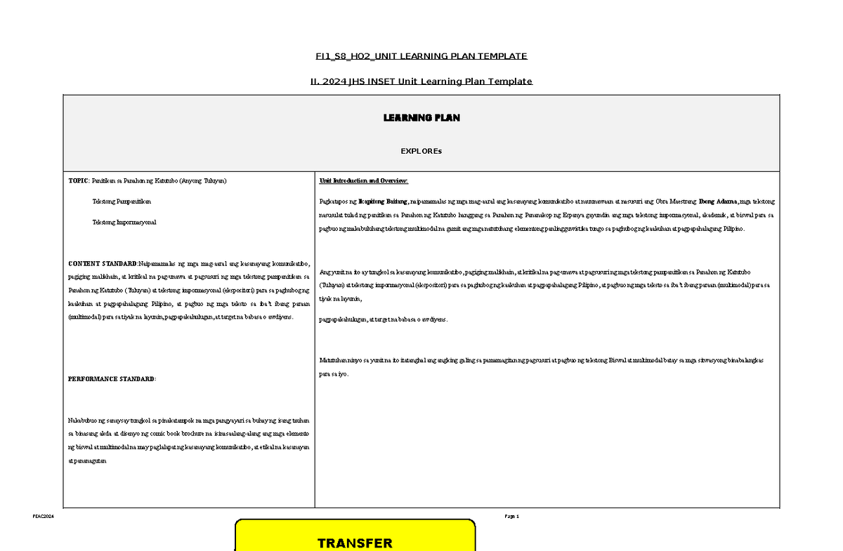 Example of Learning Plan - FI1_S8_HO2_UNIT LEARNING PLAN TEMPLATE II ...