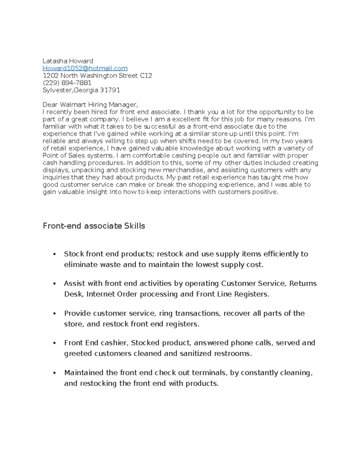Week 4 Cover Letter for Front End Associate Position - Studocu