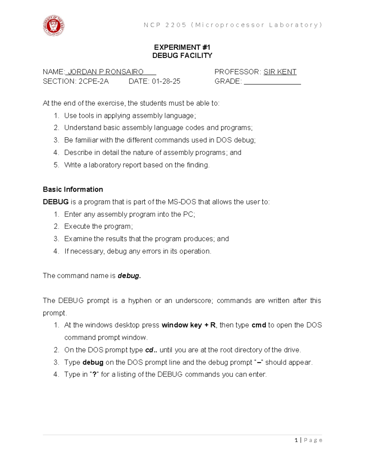 NCP 2205 (Microprocessor Lab) Experiment 1: Debug Facility Guide - Studocu