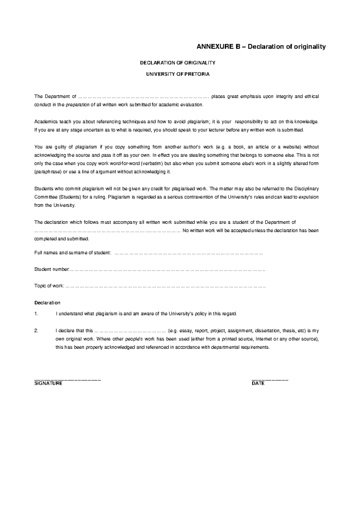 Plagiarism Declaration Form - University of Pretoria - Studocu