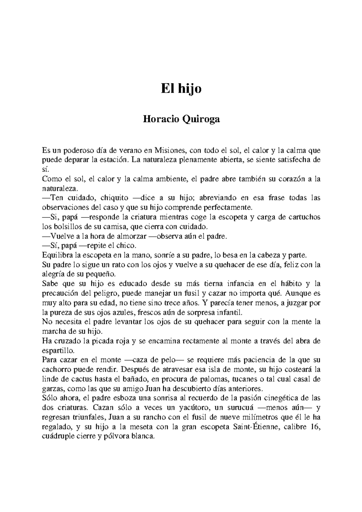 Análisis literario: "El hijo" de Horacio Quiroga - Curso LIT101 - Studocu