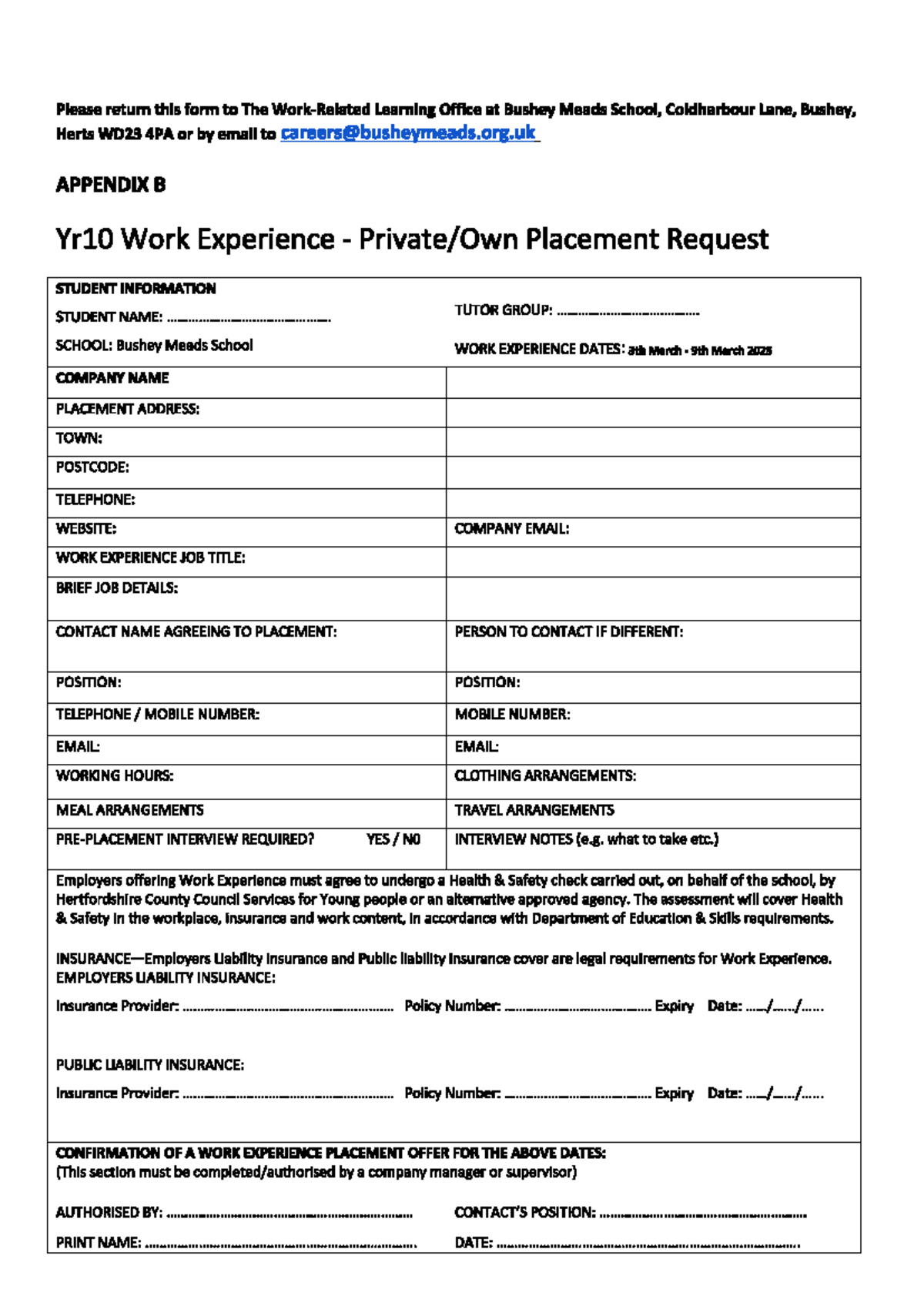 Yr10 Work Experience Placement Request Form - Bushey Meads School - Studocu