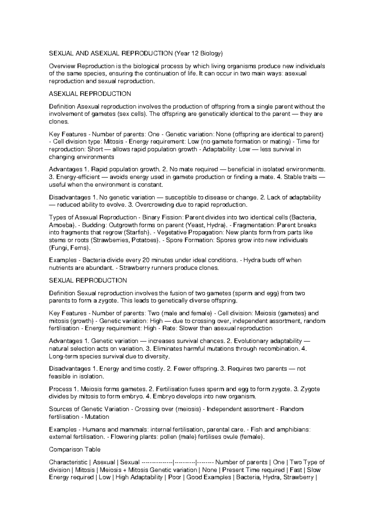 Sexual and Asexual Reproduction Notes (Year 12 Biology) - Studocu