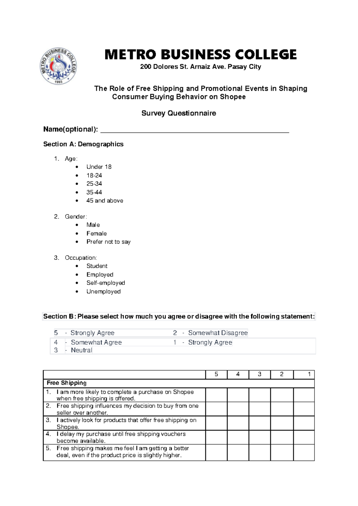 Likert Scale Survey on Free Shipping Impact - METRO BUSINESS COLLEGE ...
