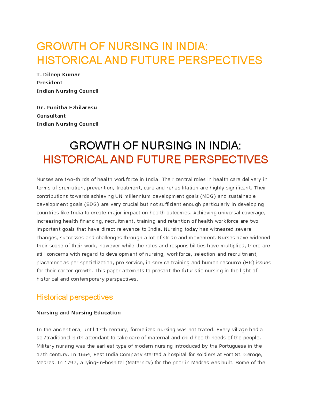 Growth of Nursing in India: Historical & Future Perspectives - Studocu