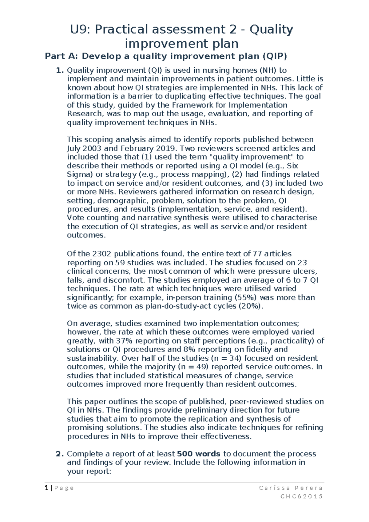 U9 Practical Assessment 2: Quality Improvement Plan in Nursing Homes ...