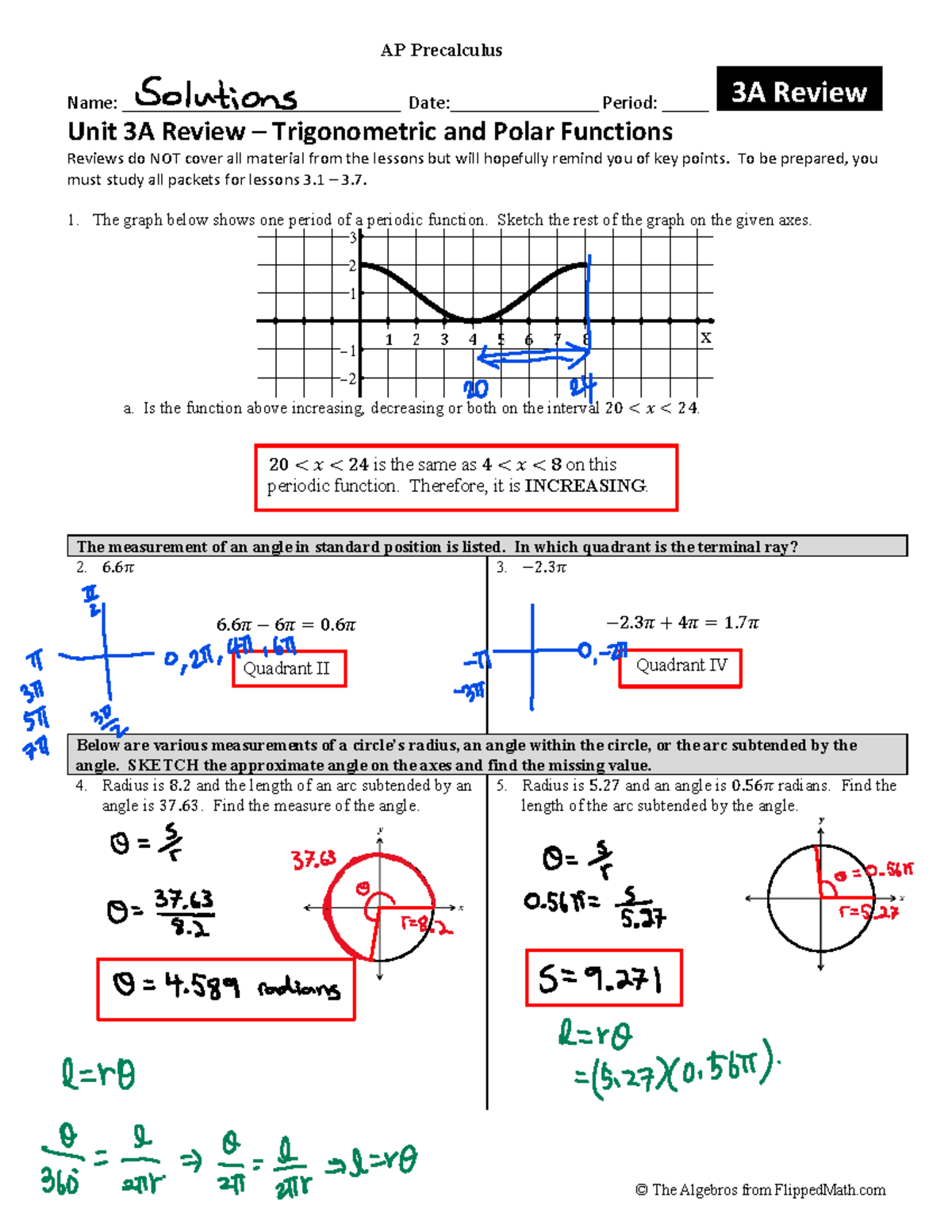 AP Precalculus 3A Unit 3A Review Solutions: Trig & Polar Functions ...