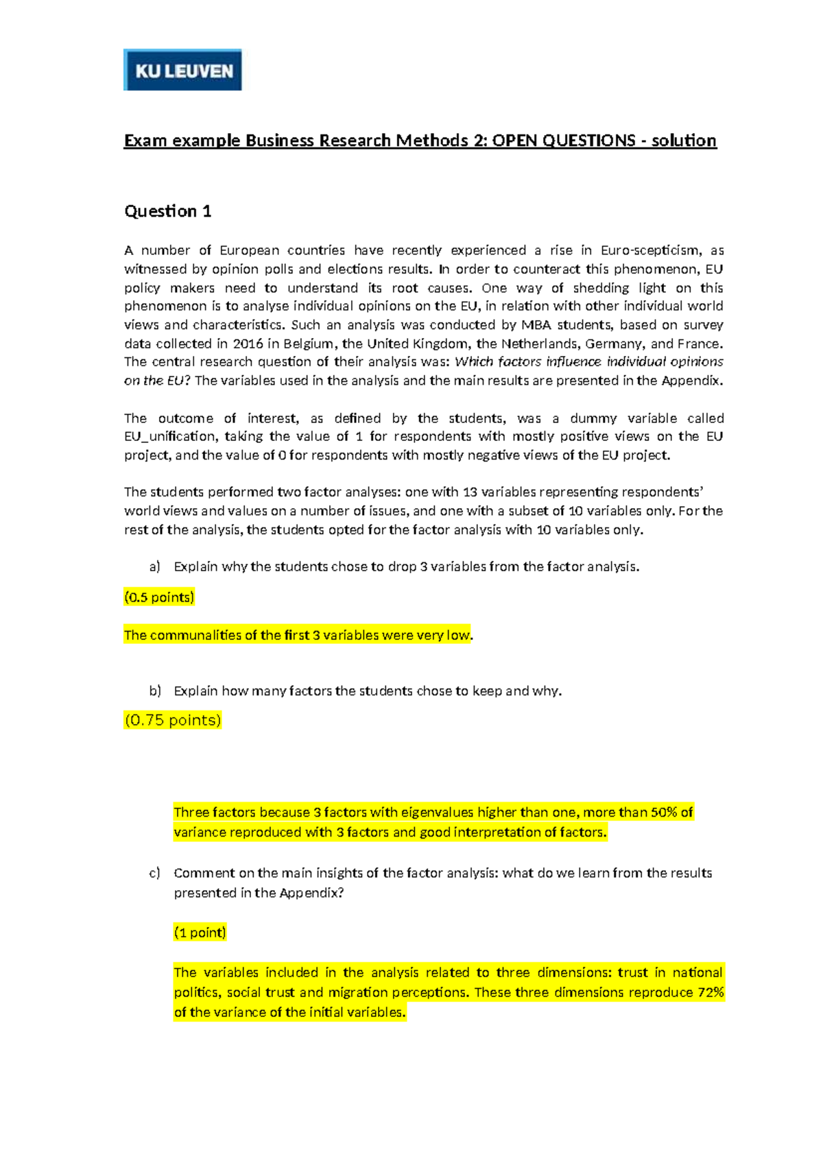 Exam Example BRM 2: Open Questions Solutions and Analysis - Studocu