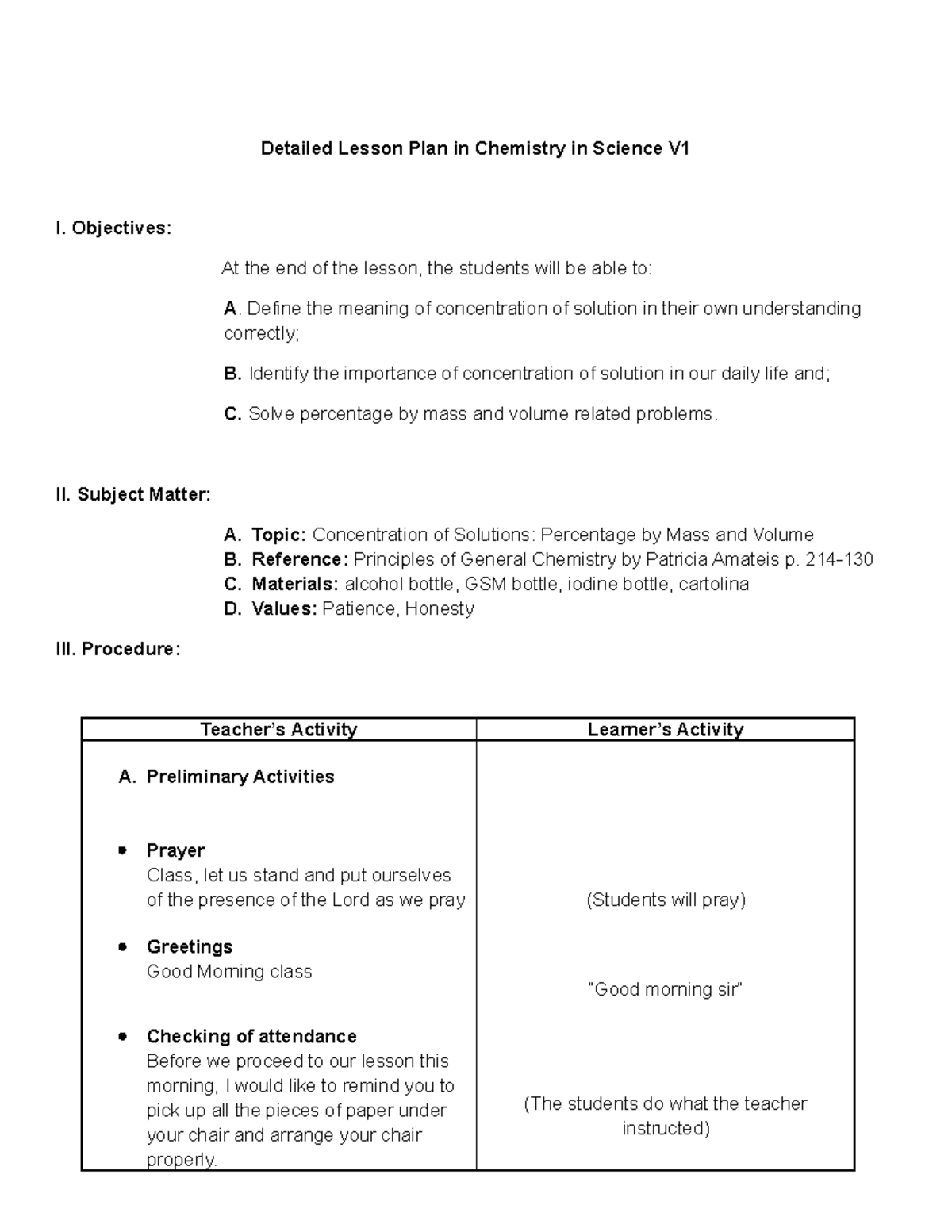 Chemistry - Lesson Plan on Concentration of Solutions - Studocu