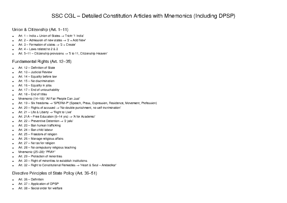 SSC CGL Detailed Study of Constitution Articles & DPSP Mnemonics - Studocu