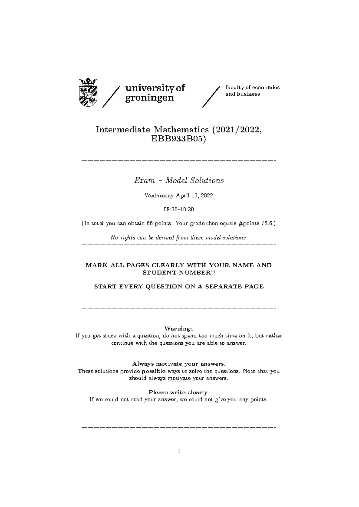 Intermediate Mathematics EBB933B05 - Resit Exam Model Solutions 2021-2022 - Studeersnel