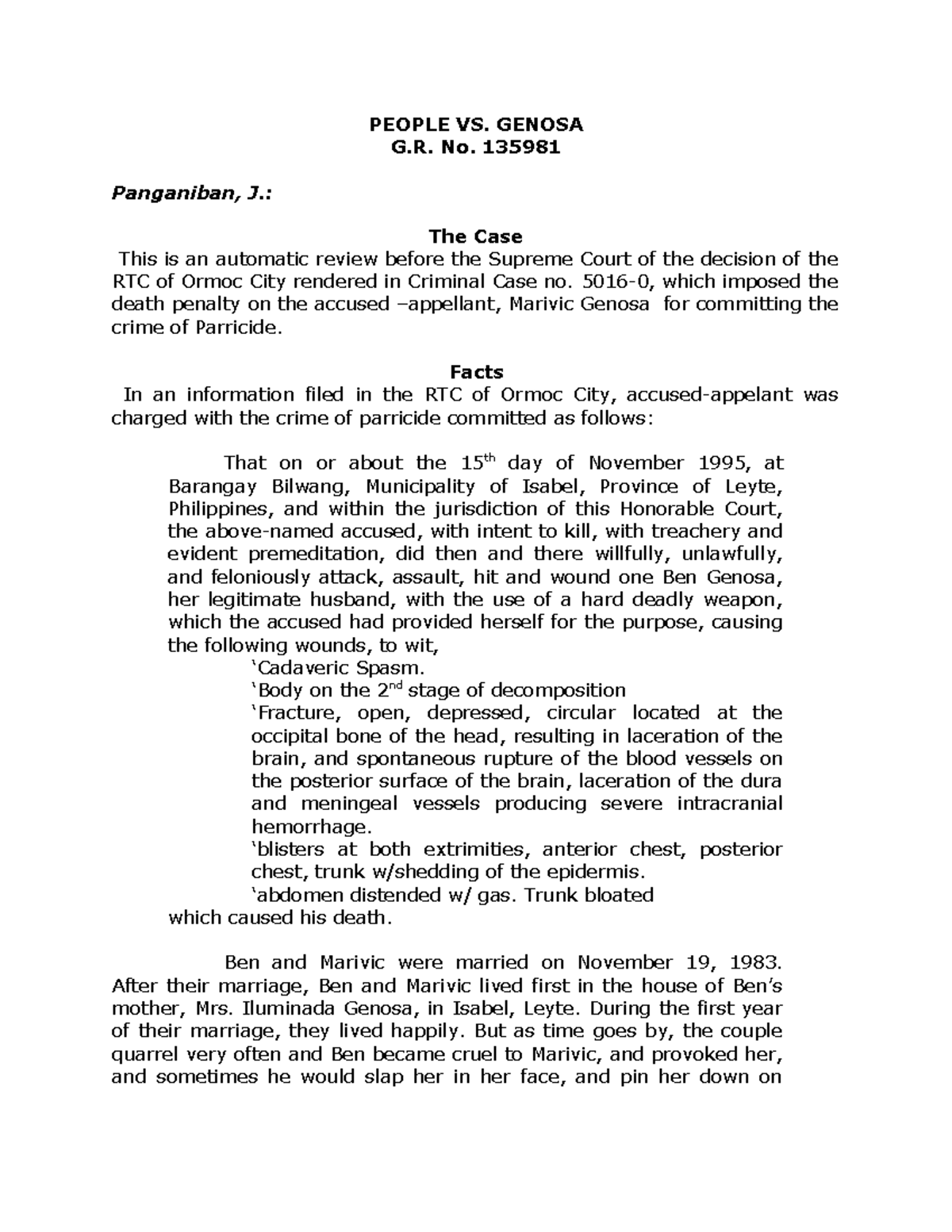 Case Digest: People vs. Genosa (G.R. No. 135981) - Parricide Ruling ...