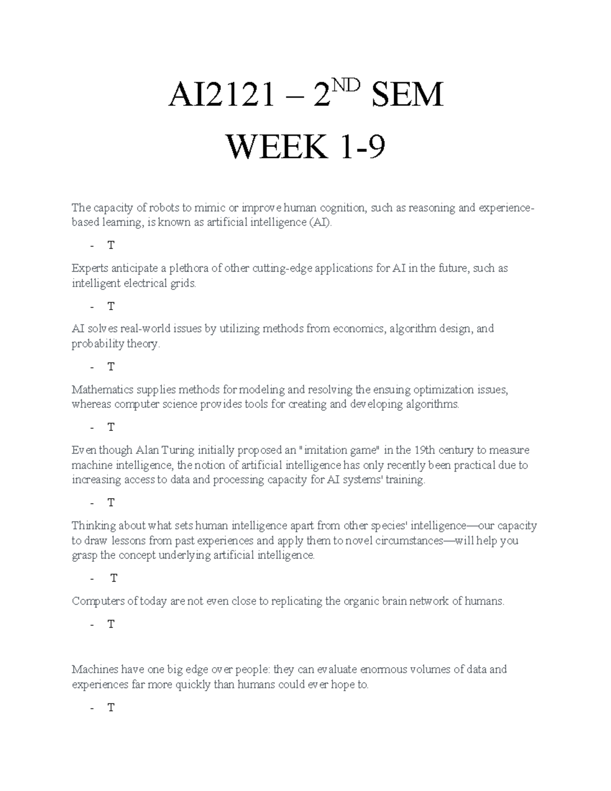 AI2121 - Week 1 Overview of Artificial Intelligence Concepts - Studocu
