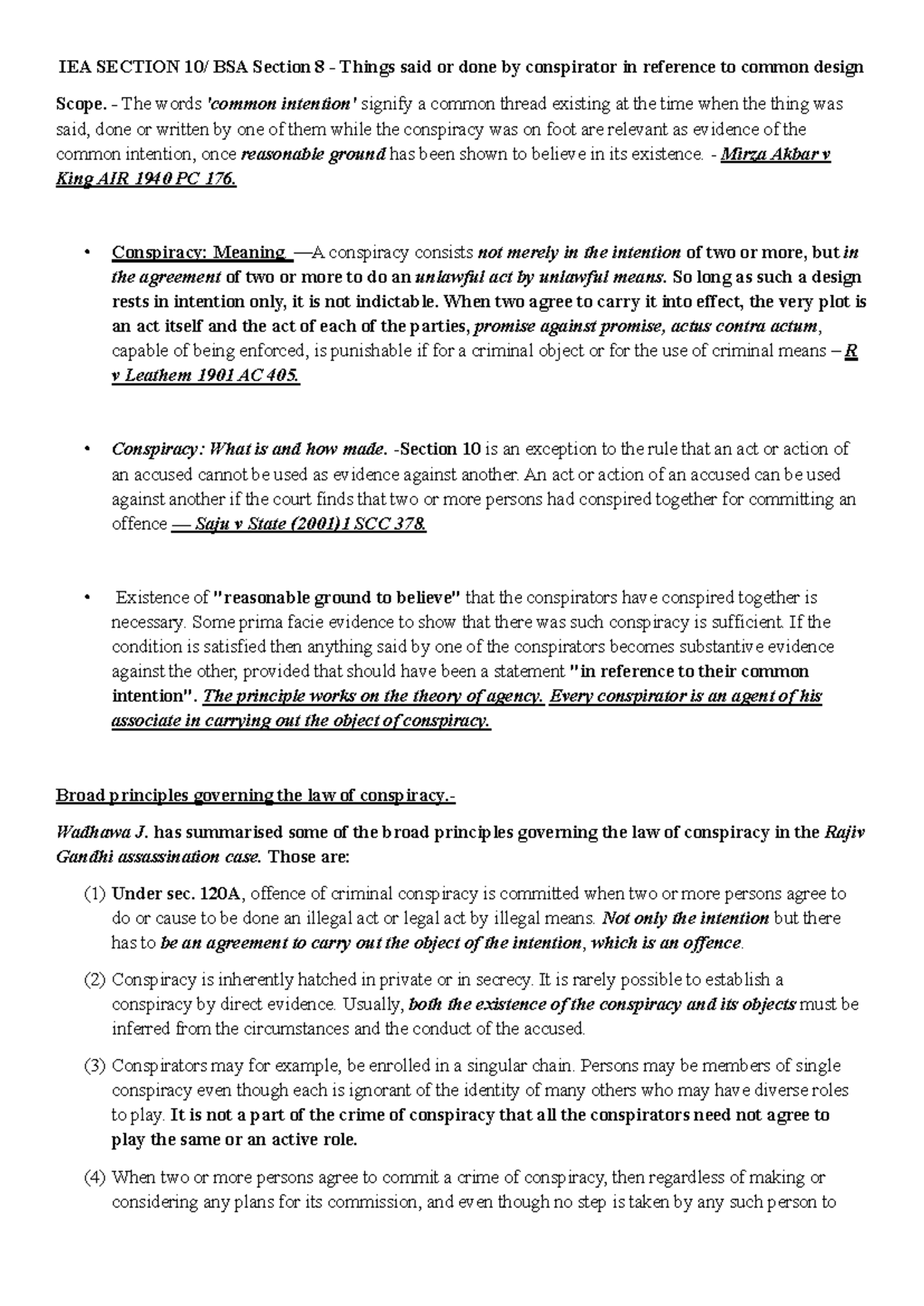 IEA/BSA Section 10: Key Principles of Conspiracy Law Notes - Studocu