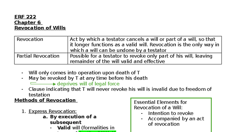 ERF 222 - Chapter 6: Revocation of Wills and Legal Implications - Studocu