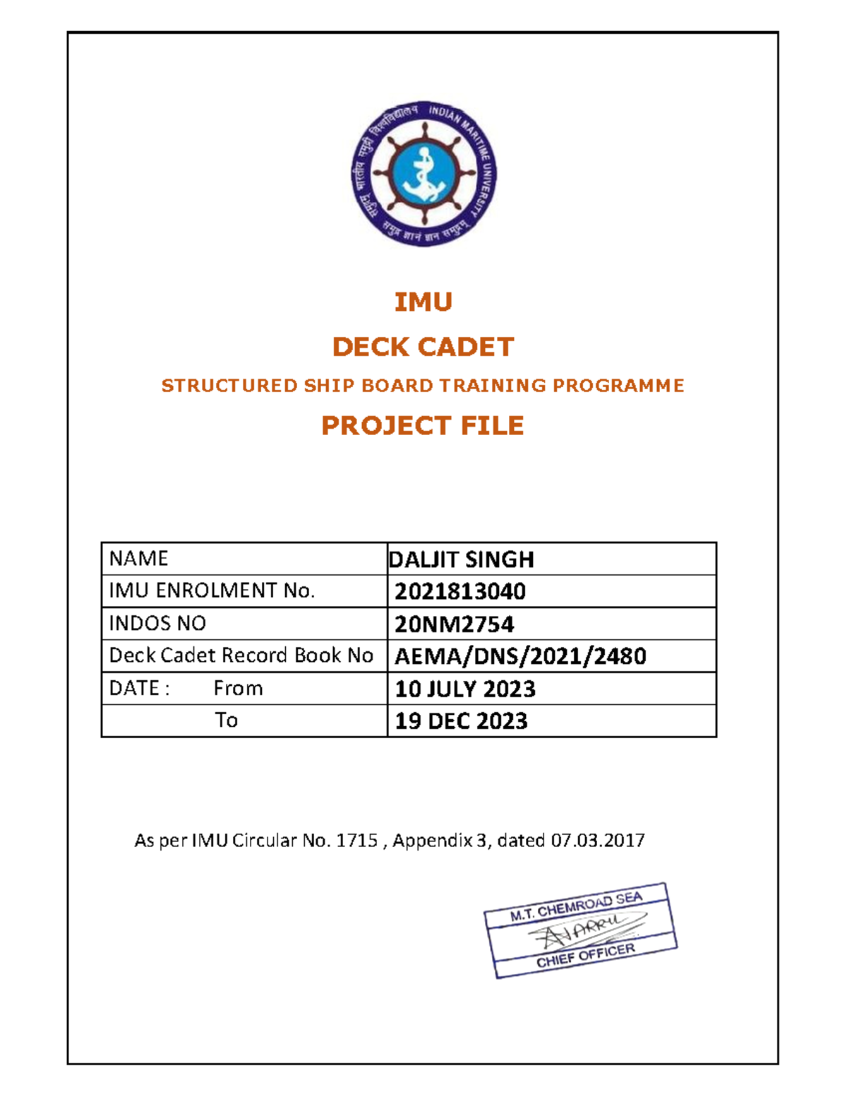 Project Workbook Phase 3 for Deck Cadet Training Program - Studocu