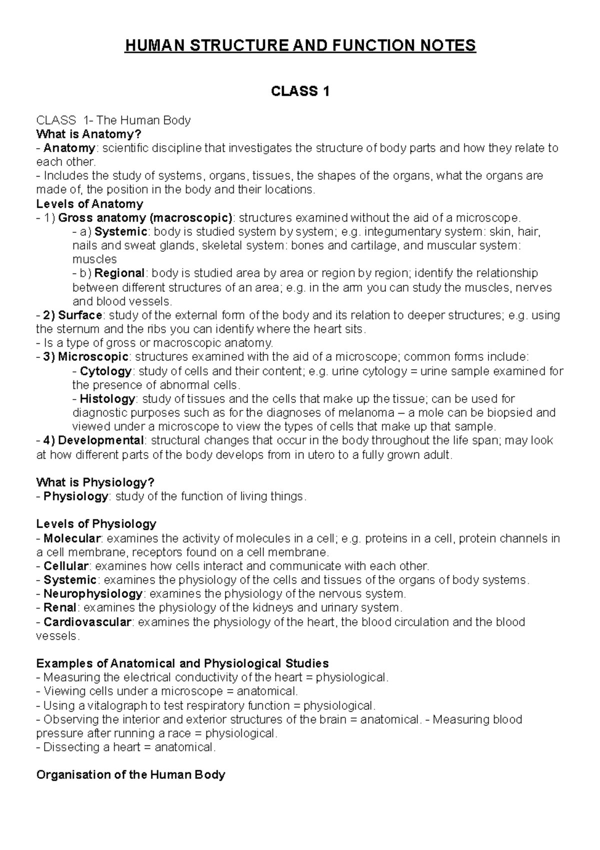 Human Structure And Function Notes Human Structure And Function Notes Class 1 Class The Human