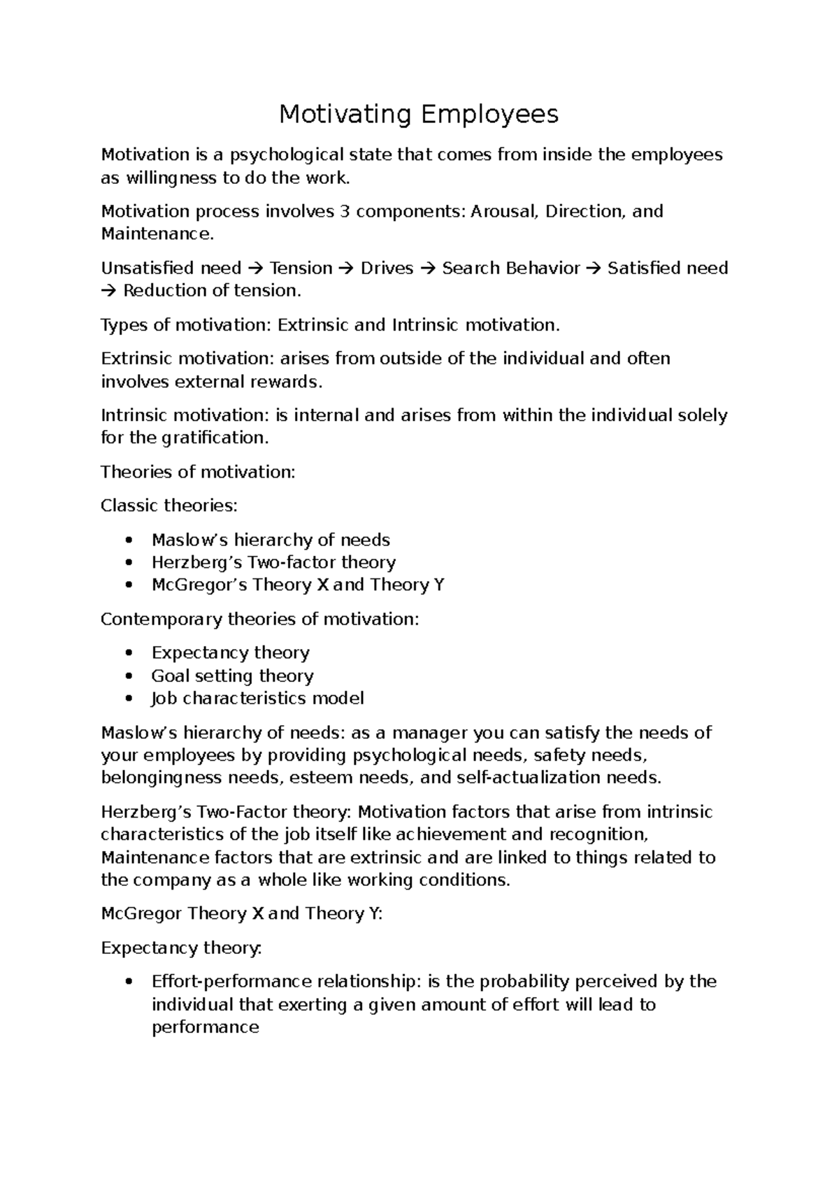 CHAP 7 - Chap 7 management summary - Motivating Employees Motivation is ...