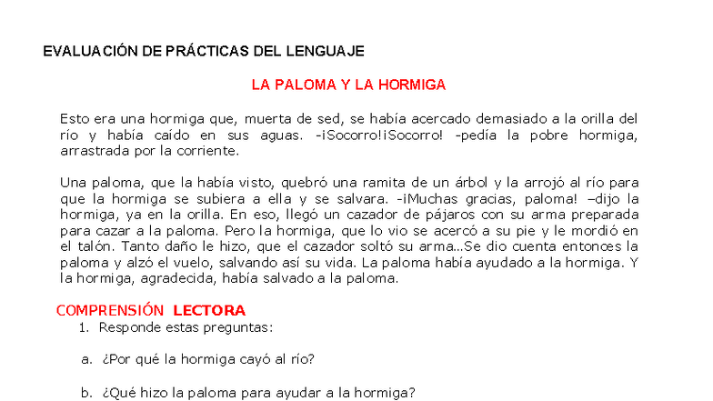 Evaluación de Prácticas del Lenguaje: La Paloma y la Hormiga - Studocu