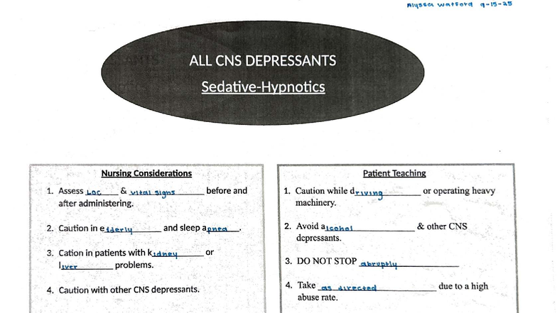 Week 5: Comprehensive Guide on CNS Depressants and Patient Care - Studocu
