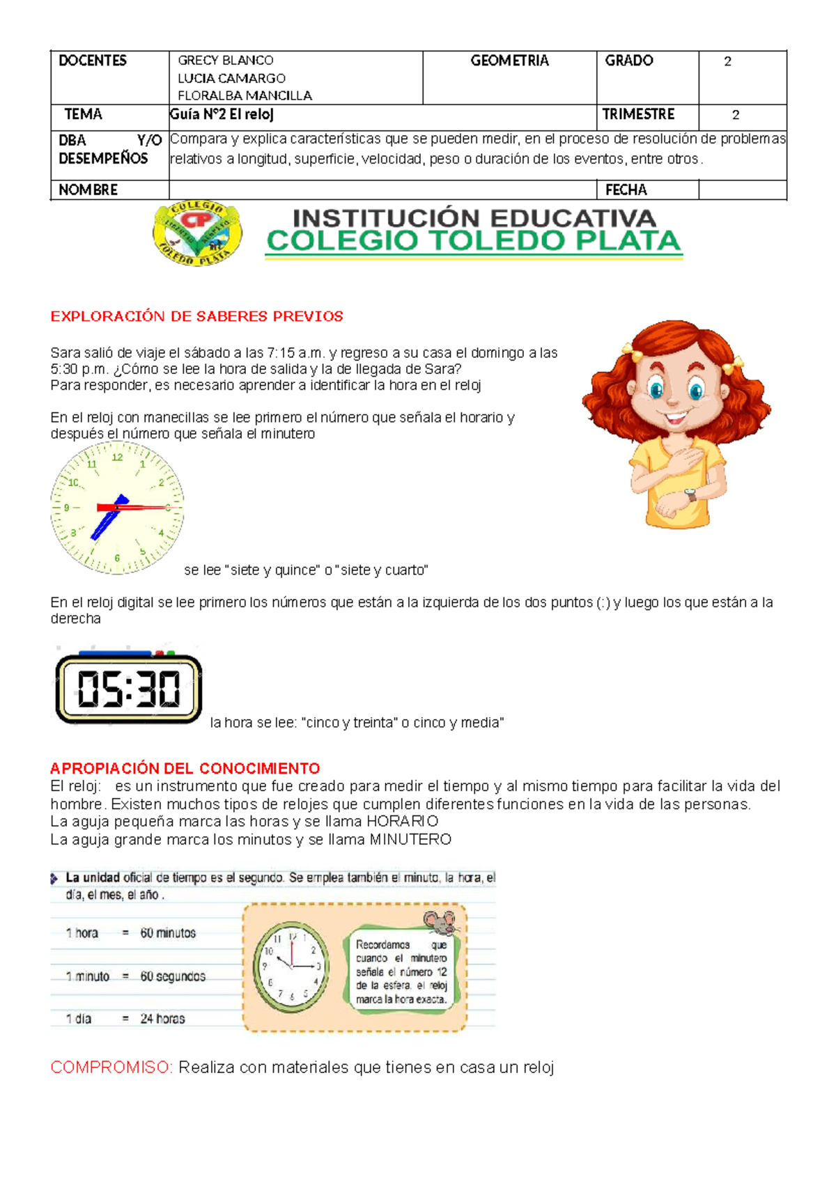 Guía de Geometría Grado 2 - Reloj y Medición de Tiempo DBA - Studocu
