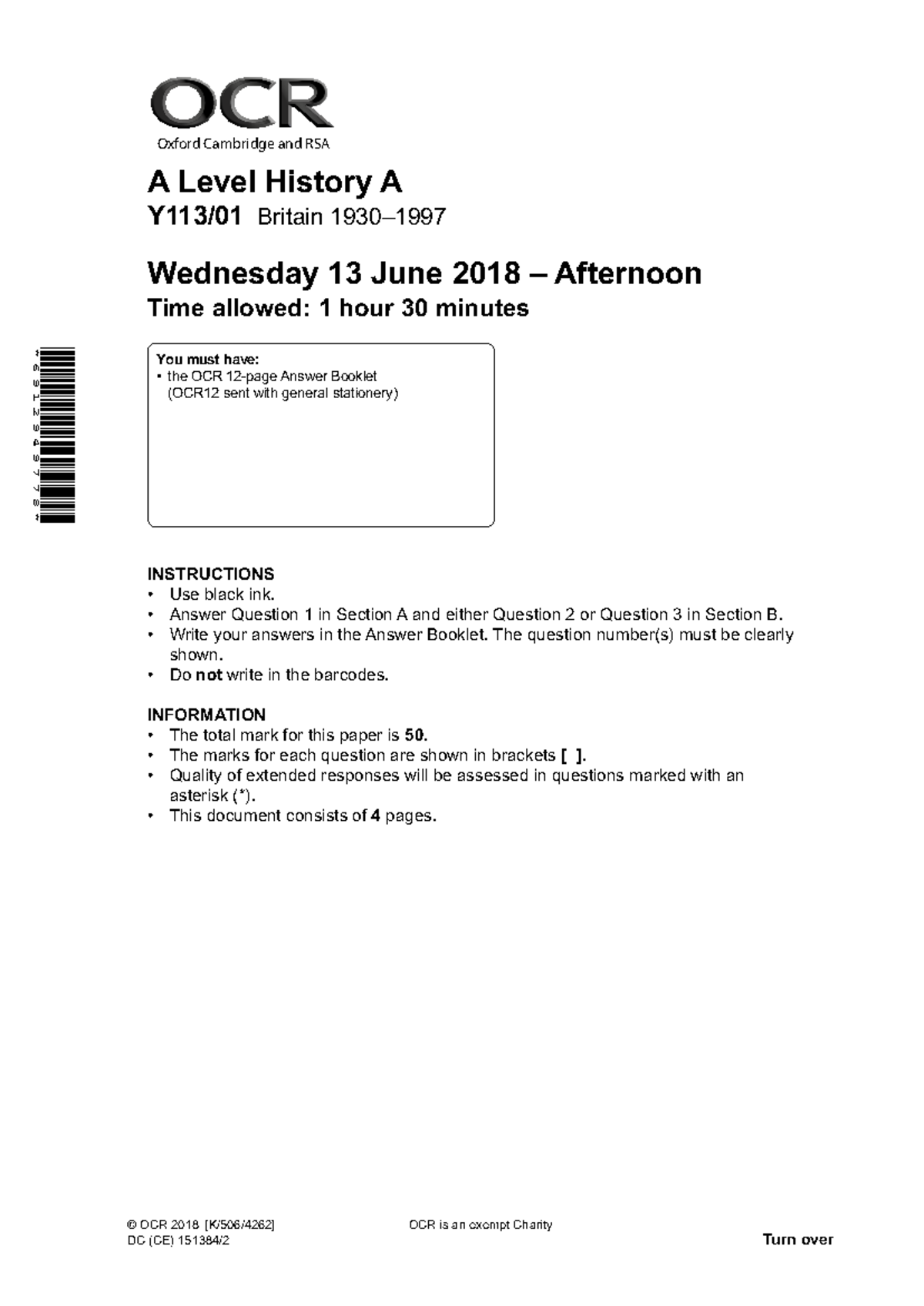 A Level History A Y113/01 June 2018 Question Paper: Britain 1930-1997 ...