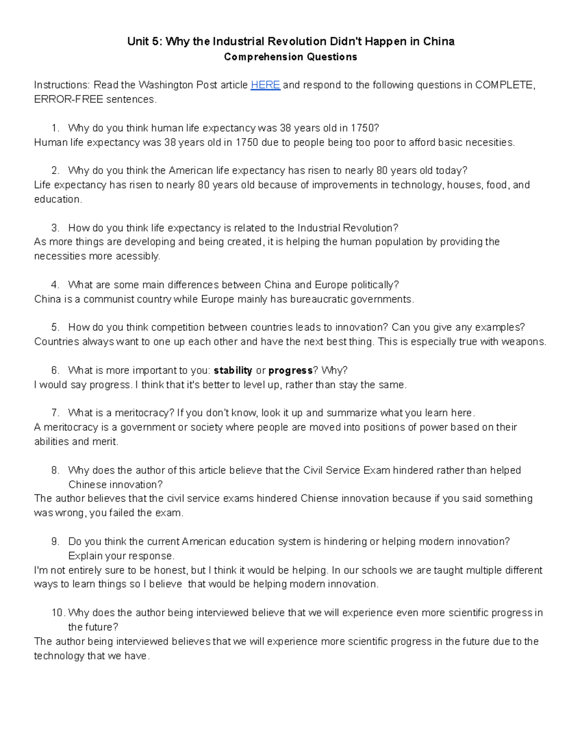 Unit 5 Quiz: Why the Industrial Revolution Didn't Occur in China - Studocu