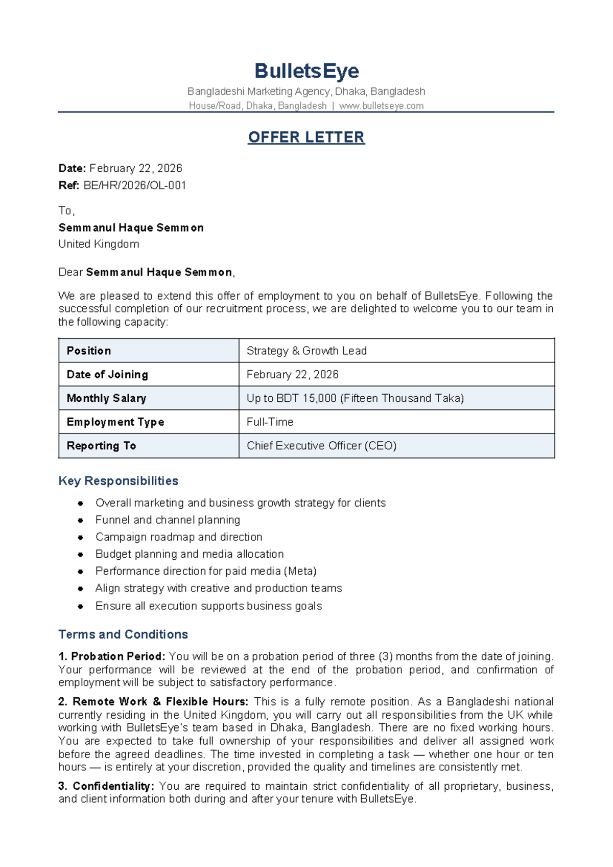 BulletsEye Offer Letter for Strategy Growth Lead - Semmanul Haque - Studocu