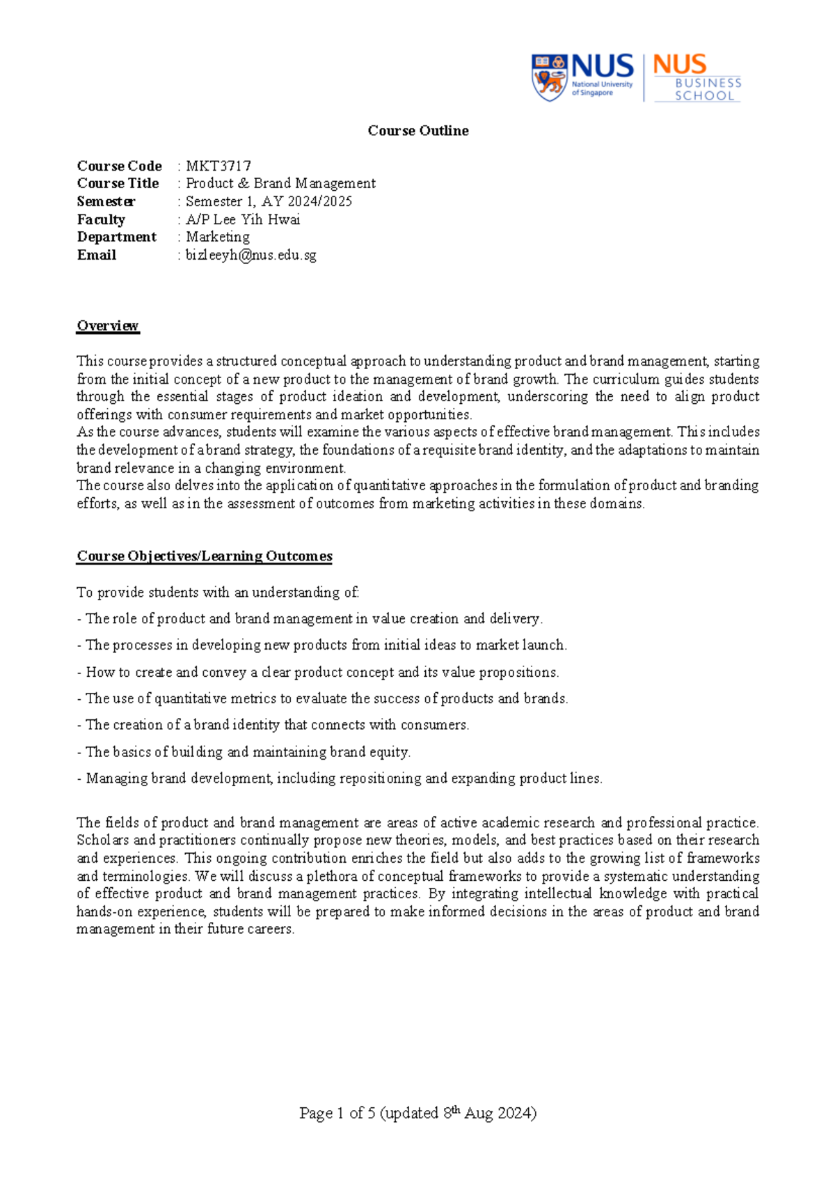 MKT3717 Product & Brand Management Course Outline Sem 1 AY24-25 - Studocu