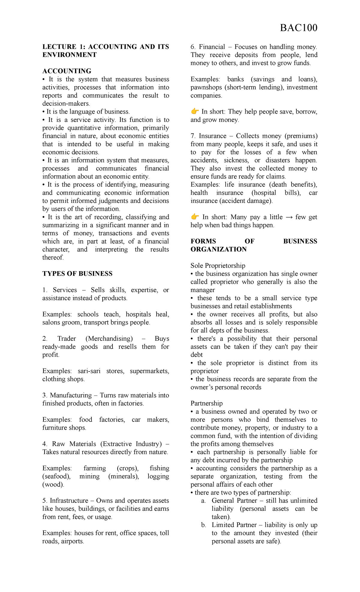 BAC100 LECTURE 1: ACCOUNTING AND ITS ENVIRONMENT REVIEWER - Studocu