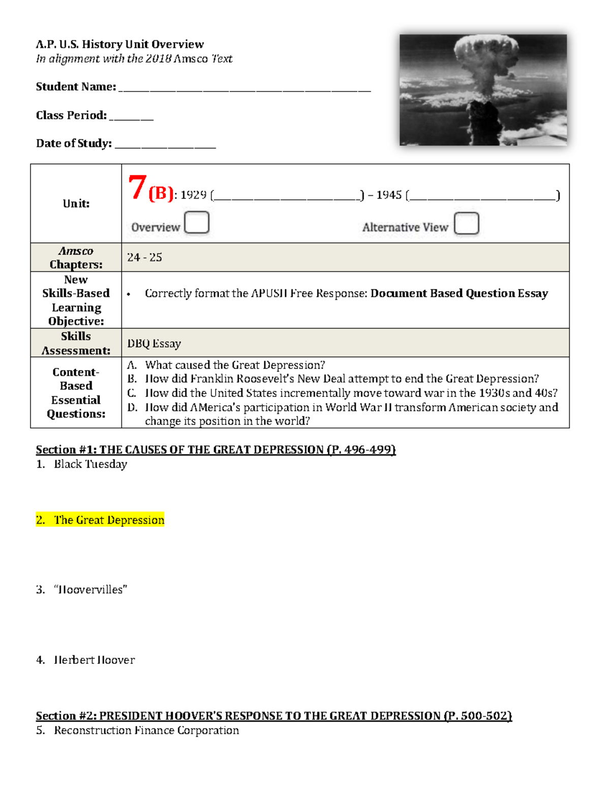A.P. U.S. History Unit 7B Overview: Great Depression & WWII Notes - Studocu