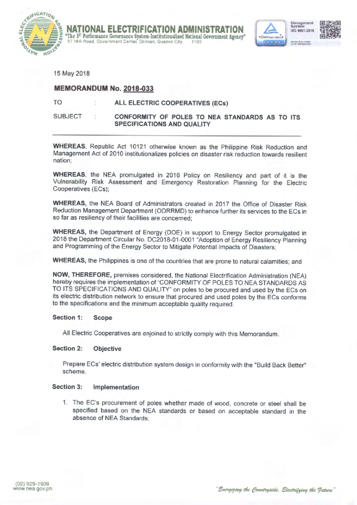 NEA Memo to ECs No. 2018-033 - Conformity of Poles to NEA Standards as ...