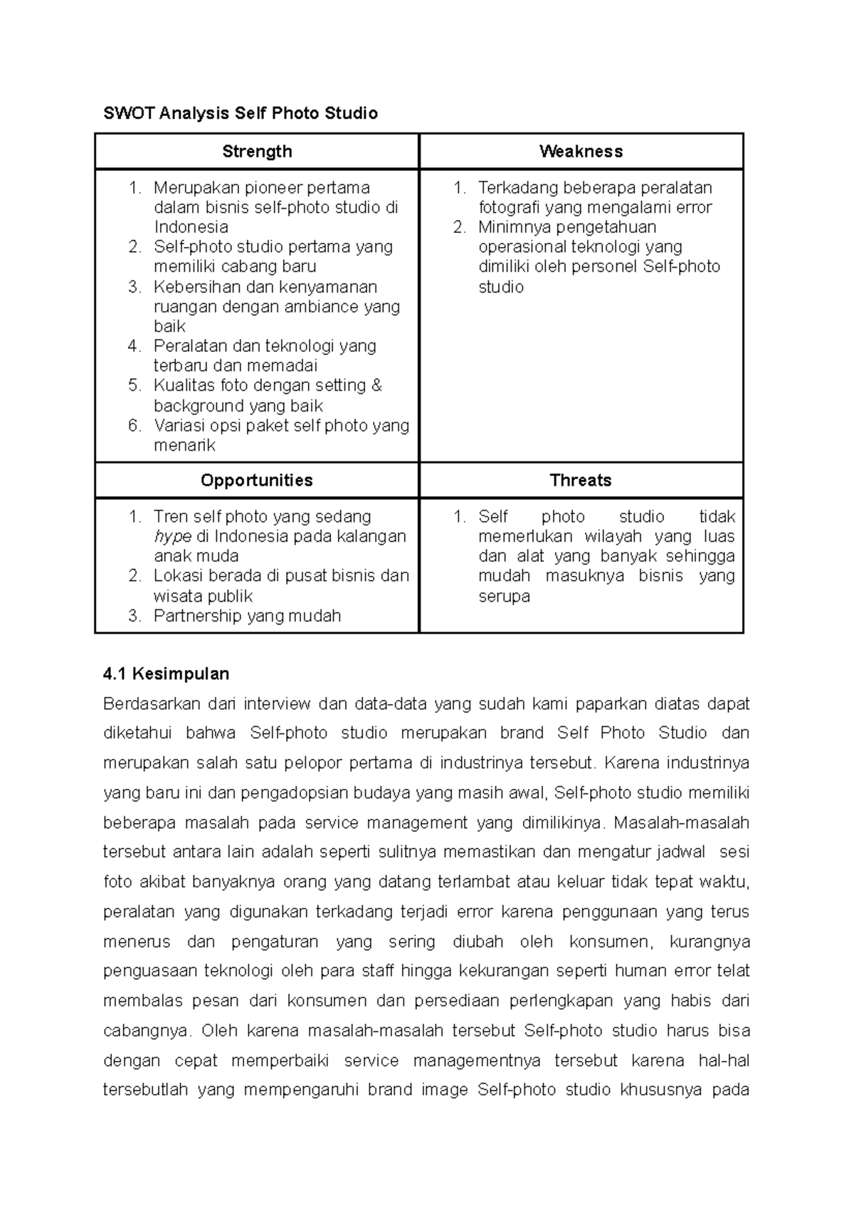 SWOT Analysis Self Photo Studio - SWOT Analysis Self Photo Studio Strength Weakness Merupakan ...