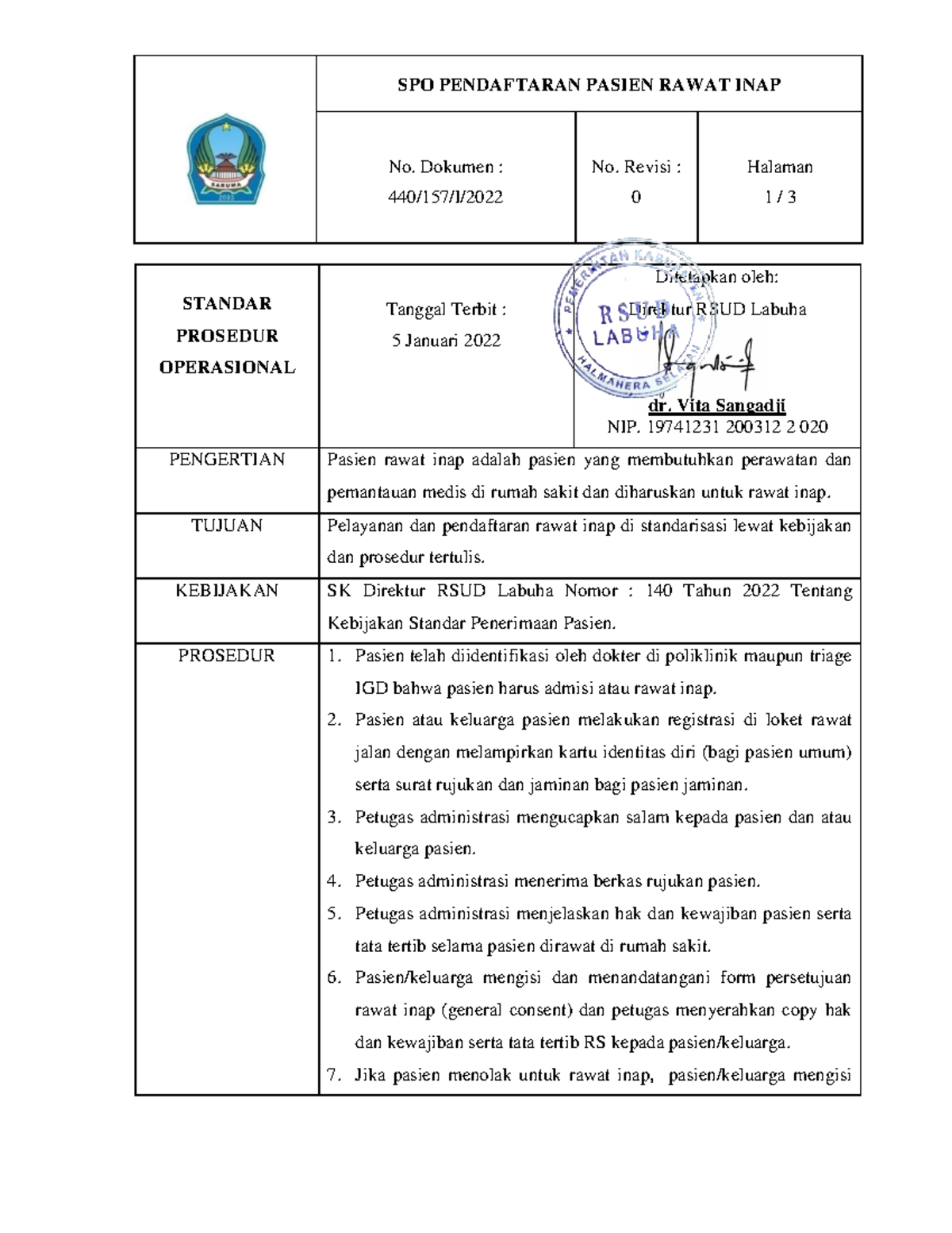 SOP Pendaftaran Pasien Rawat Inap RSUD Labuha - Studocu