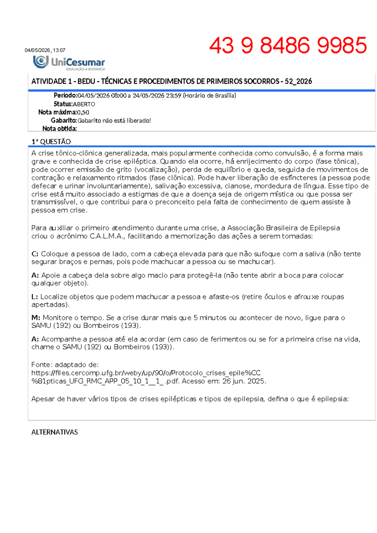 Atividade 1 - BEDU: Técnicas e Procedimentos de Primeiros Socorros 52 ...