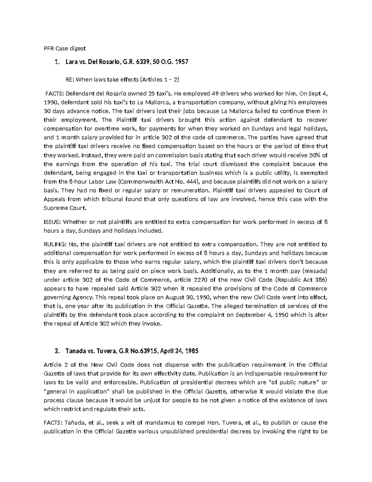 PFR Case Digest: Key Rulings on Labor Law & Civil Code Issues - Studocu