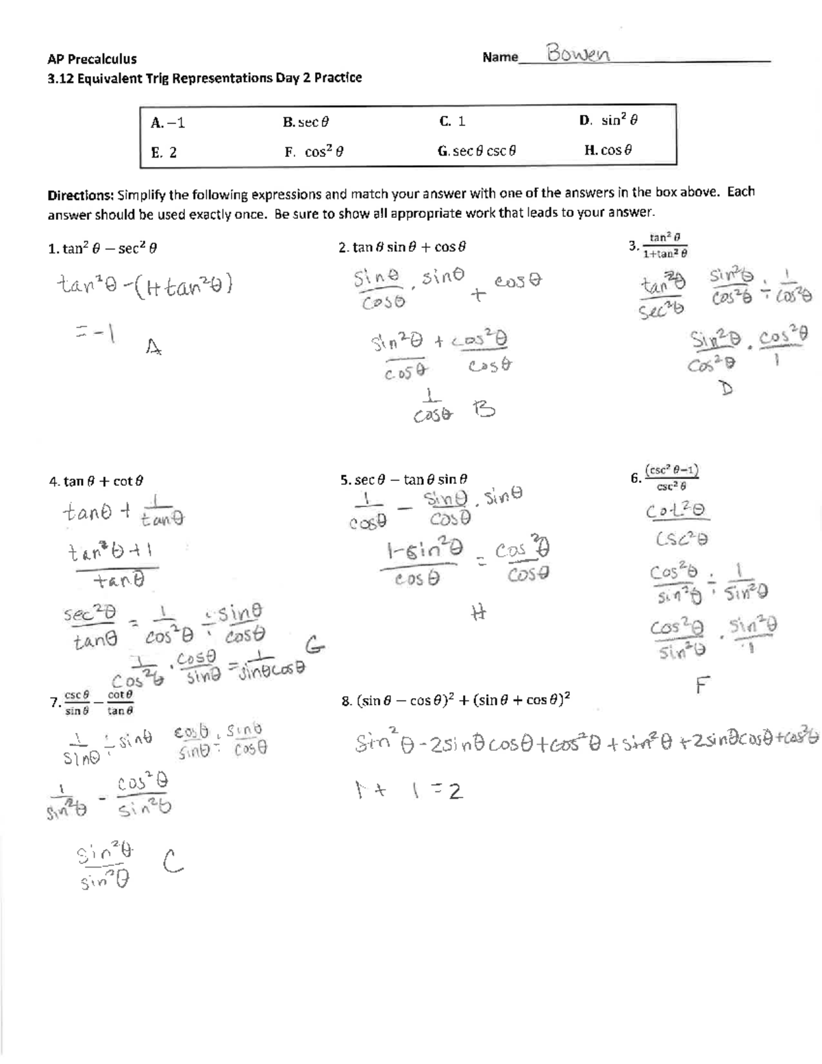 AP Precalculus 3.12 Day 2 Equivalent Trig Representations Practice ...