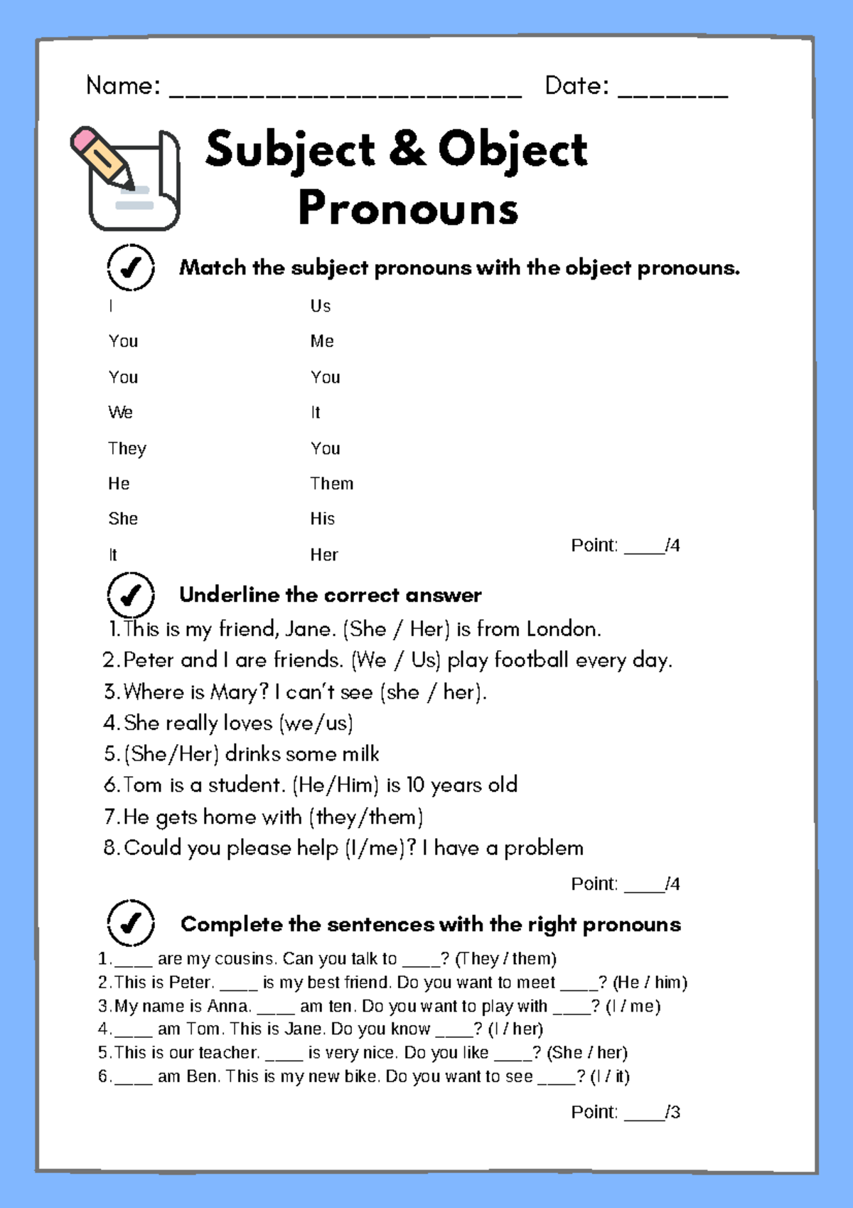 Subject & Object Pronouns Practice - Exercises & Answers - Studocu