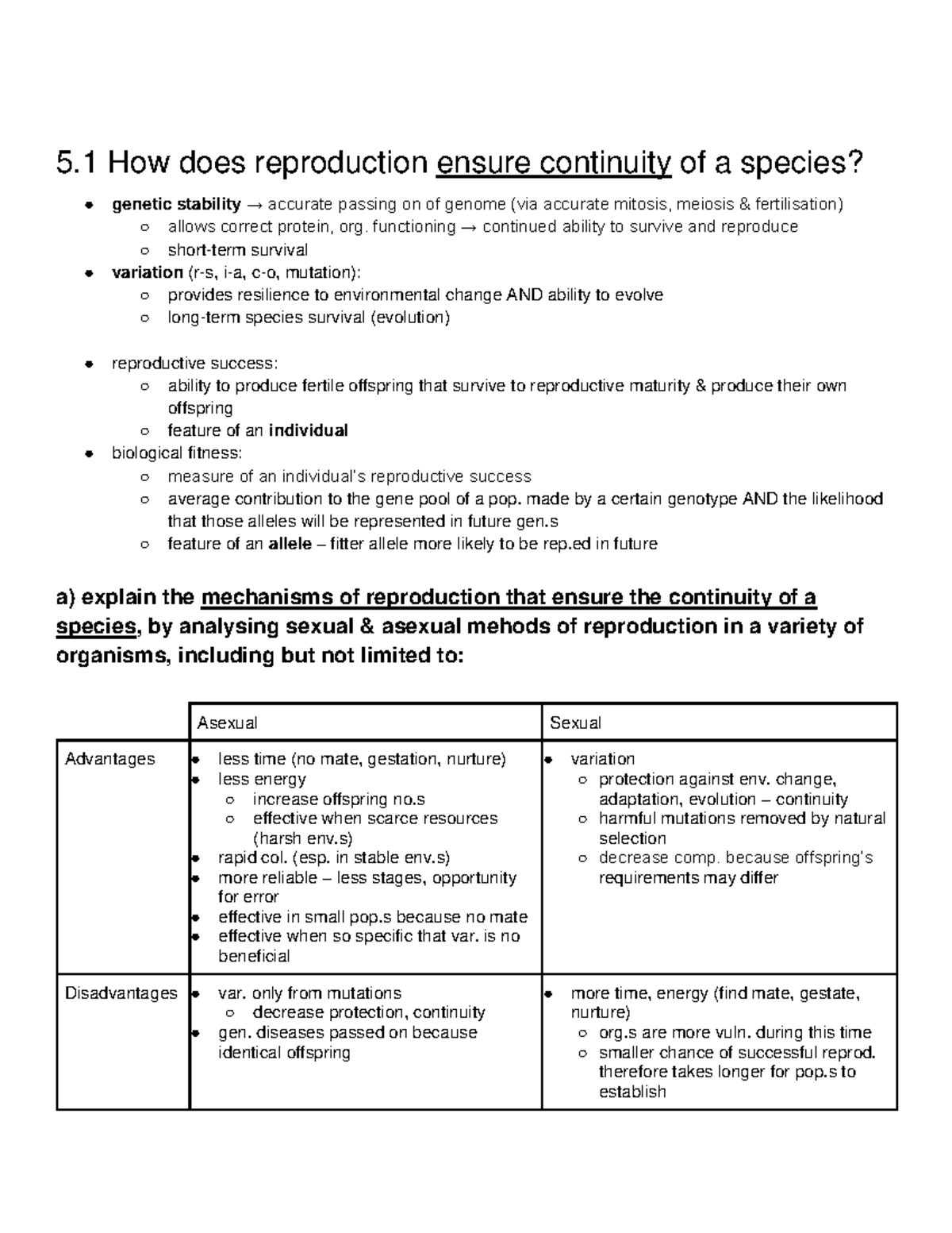 Biology 5.1: Reproduction Mechanisms and Species Continuity Analysis ...