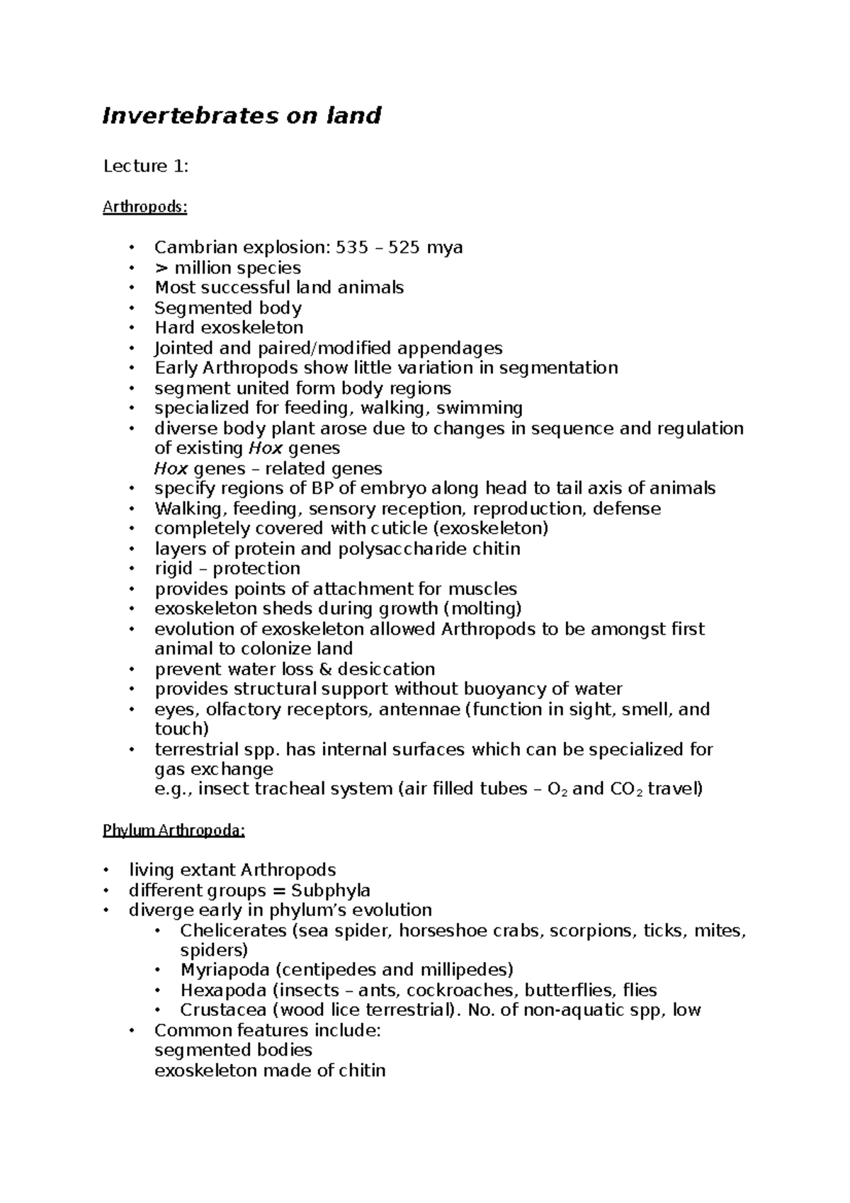 Land Invertebrates Overview - Summary of Lecture Notes - Studocu