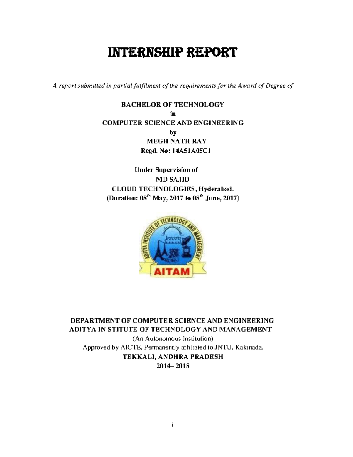 Internship Report Sample 3: B.Tech in CSE at Cloud Technologies - Studocu