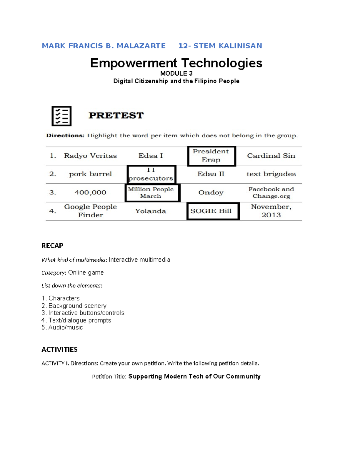 Empotech Module 3 - MARK FRANCIS B. MALAZARTE 12- STEM KALINISAN ...
