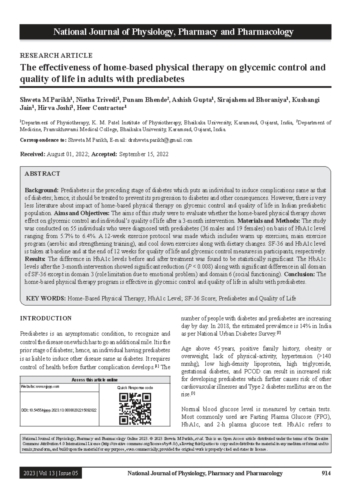 Effectiveness of Home-Based PT on Glycemic Control in Prediabetes - Studocu