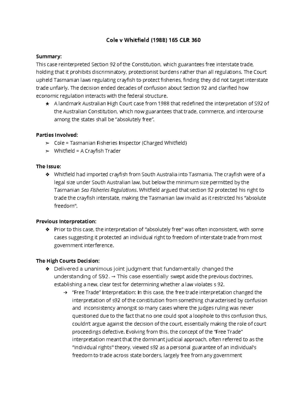 Cole v Whitfield (1988) 165 CLR 360: Landmark S92 Interpretation ...