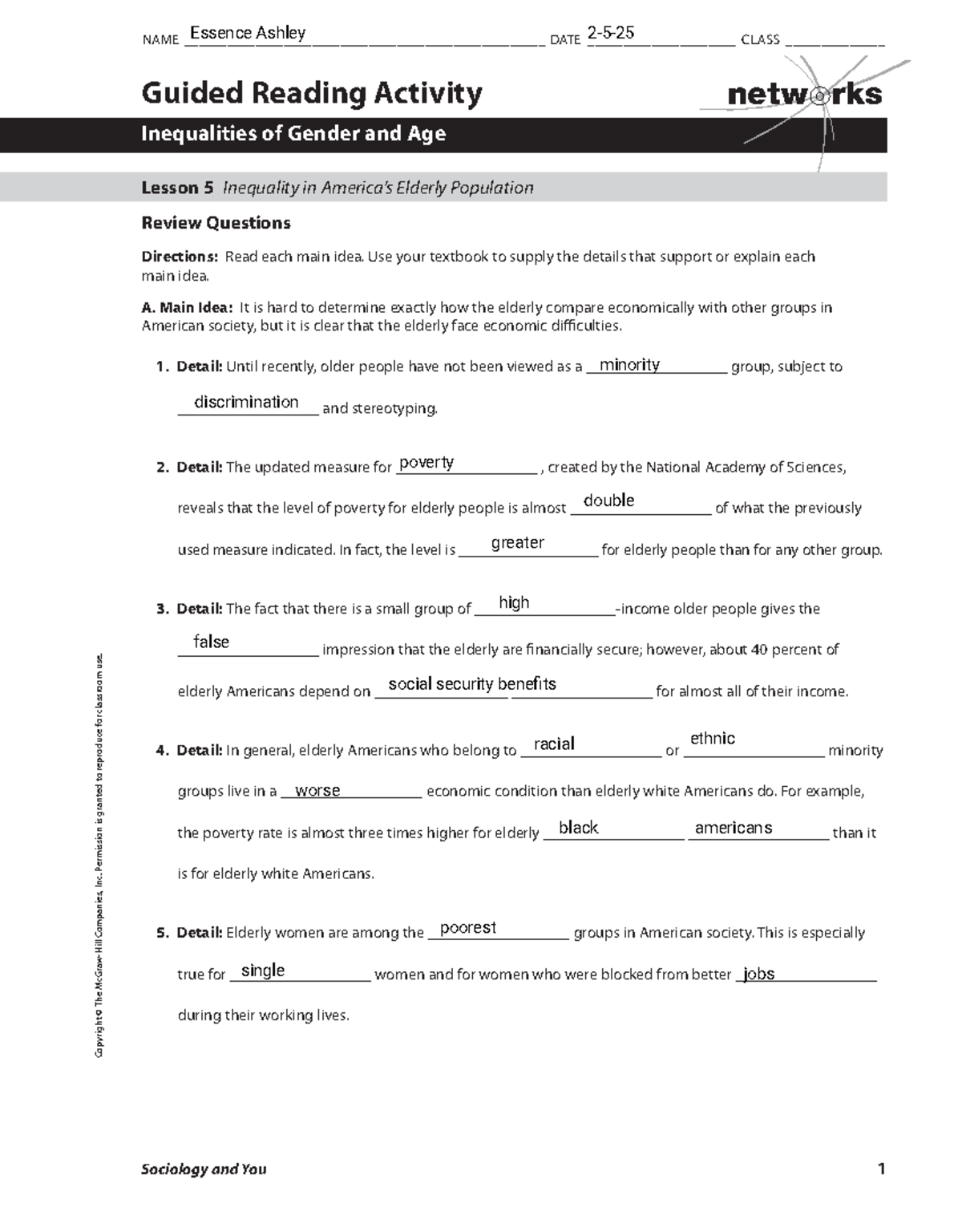 Sociology 10-5 Guided Reading Activity: Inequality in America's Elderly ...