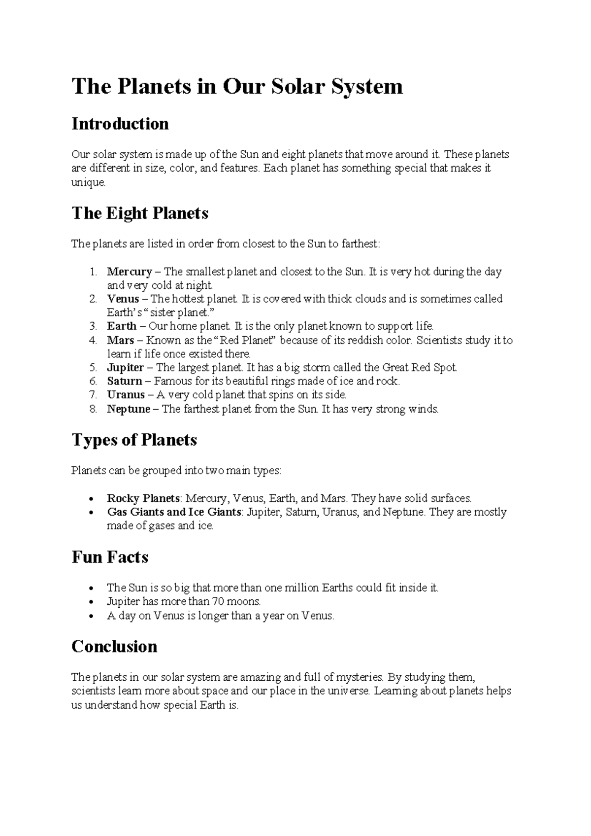 Planets in Our Solar System: An Overview of Their Unique Features - Studocu